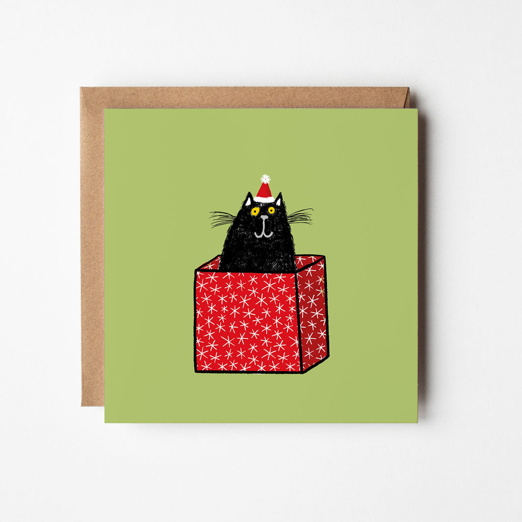 Cat in a Christmas box blank Christmas card